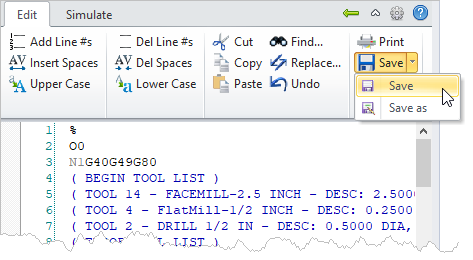 G-CODE EDITOR Modile > Edit Tab > Save G-Code
